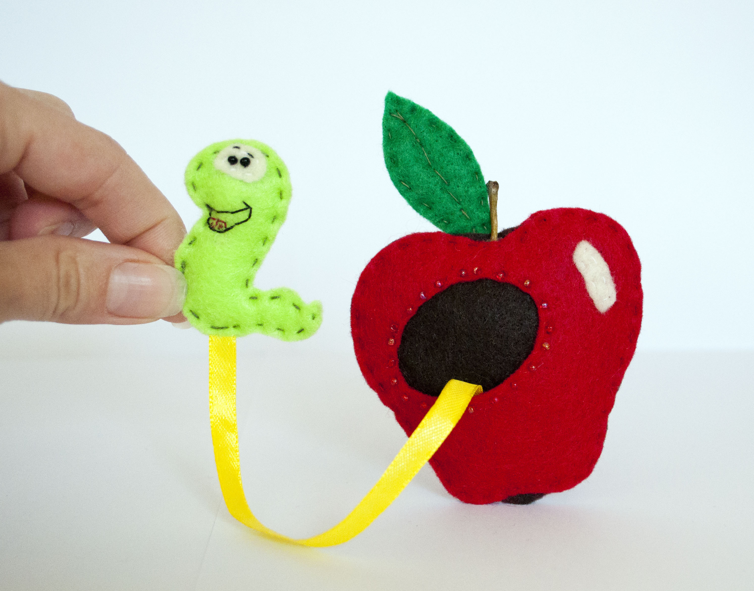 Apple With Worm Felt Brooch, Red, Green, Brown. on Luulla